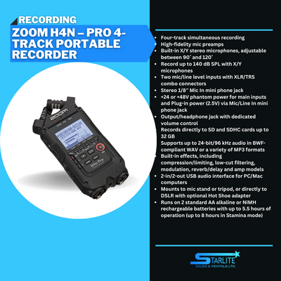Zoom H4n - Pro 4-Track Portable Recorder - Starlite Sales and Rentals